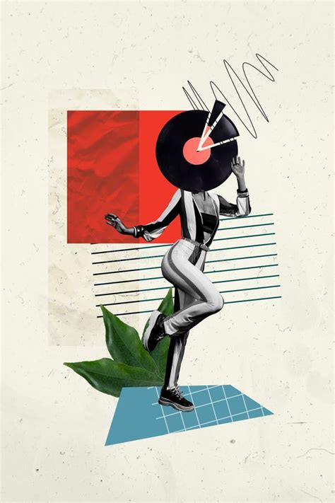 Vertical Photo Collage Of Anonym Girl Dance Instead Head Retro Vinyl