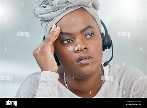 Call Center Headache And Black Woman With Depression Stress And