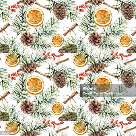 파인 지점 원뿔을 수채화 겨울 패턴입니다 손으로 그린 전나무 지점 오렌지 슬라이스 매 발톱 나무 흰색 배경에 고립 계 피 디자인 인쇄 직물에 대 한 홀리데이 그림 가을에