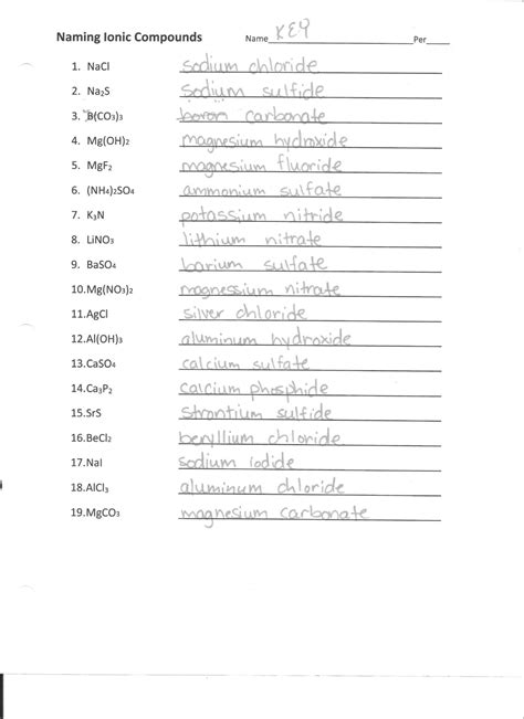 Section Reinforcement Writing Formulas And Naming Compounds Worksheet Answers