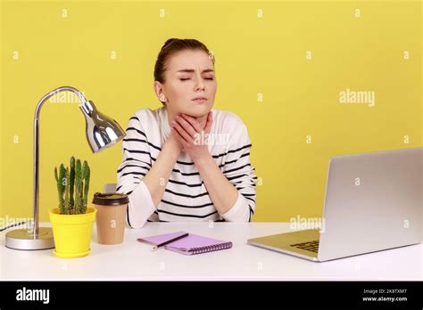 Sad Woman Secretary Touching Neck Feeling Pain While Swallowing Suffering Thyroid Inflammation