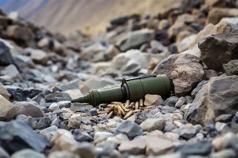 Premium Ai Image A Photo Of An Exploded Mortar Shell Lying On A Rocky Surface