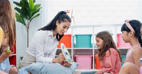 학교에서 아이들에게 예술을 가르치는 백인 아름다운 젊은 여성 교사 매력적인 강사 마스터 여성은 교실에서 학생 유치원 유치원과 함께 그림과 그림을 설명하고 교육합니다 사진