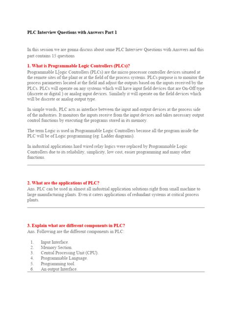 Plc Interview Questions With Answers Part 1 Pdf Programmable Logic Controller Central
