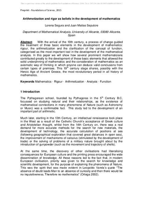 Pdf Arithmetization And Rigor As Beliefs In The Development Of