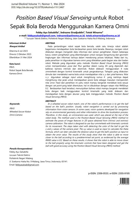 Pdf Position Based Visual Servoing Untuk Robot Sepak Bola Beroda