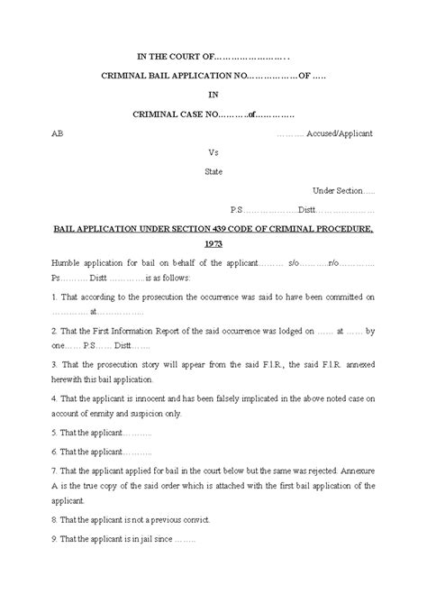 Bail Application Under Sec 439 Of Crpc In The Court Of Criminal Bail