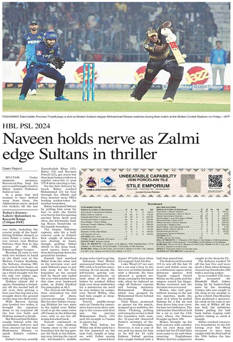 Dawn Epaper Feb 24 2024 Hbl Psl 2024 Naveen Holds Nerve As Zalmi