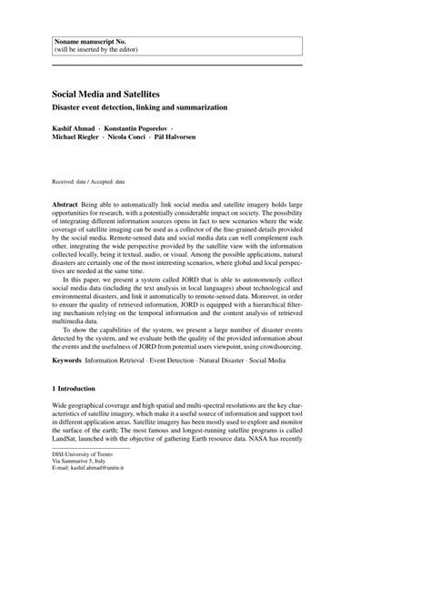Pdf Social Media And Satellites Disaster Event Detection Linking And Summarization