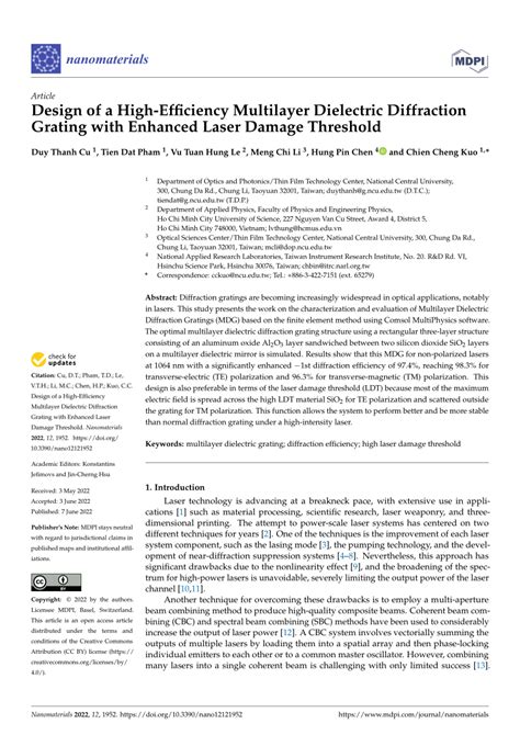 Pdf Design Of A High Efficiency Multilayer Dielectric Diffraction Grating With Enhanced Laser