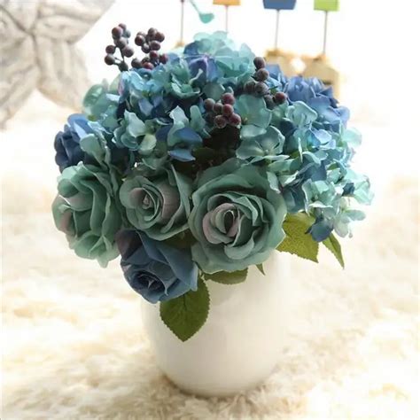 1 Bouquet Blau Rose Hortensien Billige Künstliche Seidenblumen