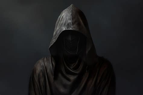 Premium AI Image A Hooded Figure In Black With A Shadow