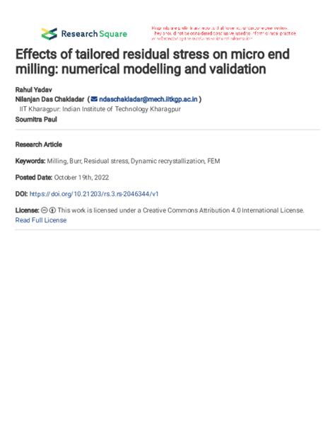 Pdf Effects Of Tailored Residual Stress On Micro End Milling
