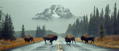 Vintage Filter On A Group Of American Bison Crossing A Road Concept
