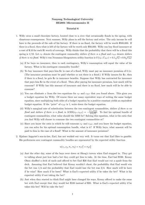 Tutorial 6 Nanyang Technological University He2001 Microeconomics Ii