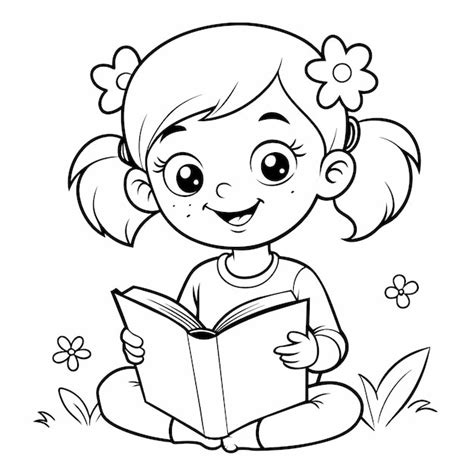 Cute Girl Reading Books Coloring Page Illustration Premium Ai