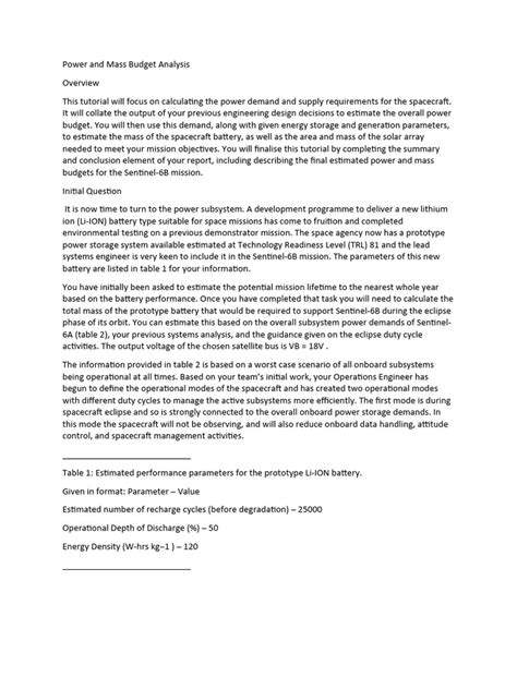 Power And Mass Budget Analysis Pdf Spacecraft Photovoltaic System
