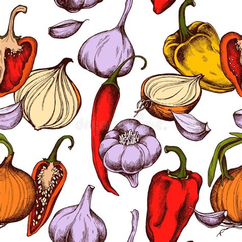 Vector Seamless Pattern Of Onions Garlic And Peppers Hand Drawn
