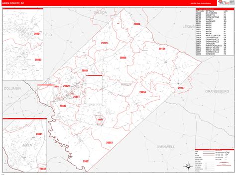 Aiken County Sc Zip Code Wall Map Red Line Style By Marketmaps Mapsales