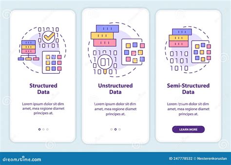 types of big data onboarding mobile app screen stock vector