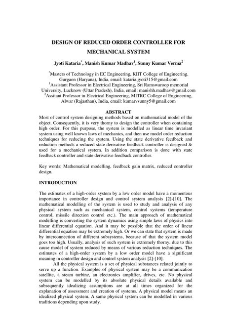 PDF DESIGN OF REDUCED ORDER CONTROLLER FOR MECHANICAL SYSTEM