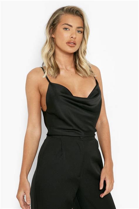 Womens Black Satin Cowl Neck Cami Top Boohoo Uk