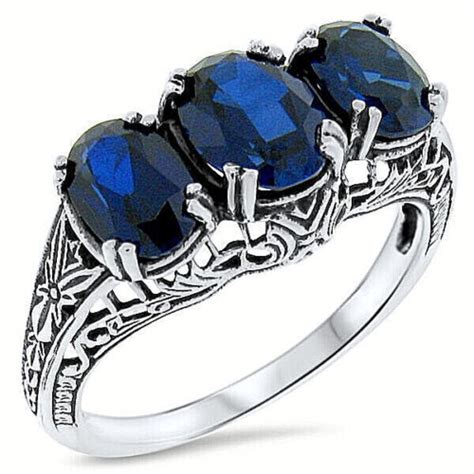 Antique Style 925 Sterling Silver Three Stone Lab Created Sapphire Ring