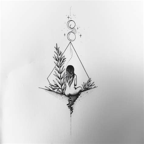 Black And White Drawing Of A Woman Sitting On A Tree Branch Tattoo Art Premium AI Generated Image