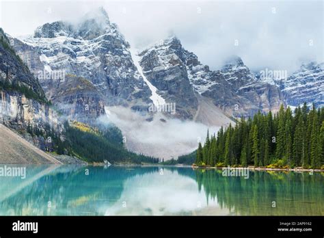 Beautiful Turquoise Waters Of The Moraine Lake With Snow Covered Peaks