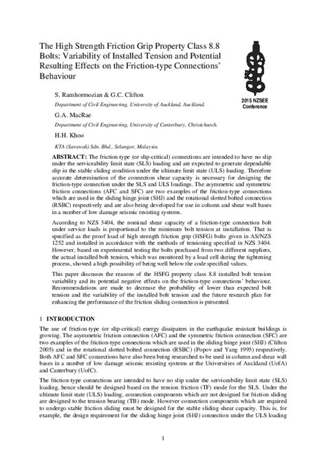 The High Strength Friction Grip Property Class 8 8 Bolts Variability Of Installed Tension And