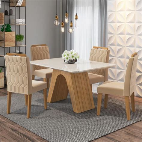 Kit Conjunto Sala De Jantar Mesa Tampo Em MDF Vidro Cadeiras Marrom Madeira Off White