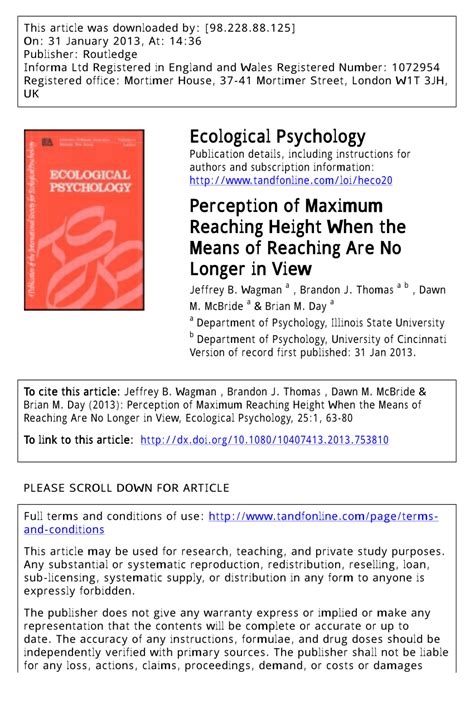 Pdf Perception Of Maximum Reaching Height When The Means Of Reaching Are No Longer In View