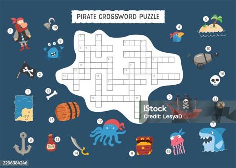 영어로 된 어린이를 위한 크로스워드 퍼즐 게임 영어로 명명된 귀여운 만화 해적 요소 벡터 일러스트 레이 션 A4 형식을 인쇄 할