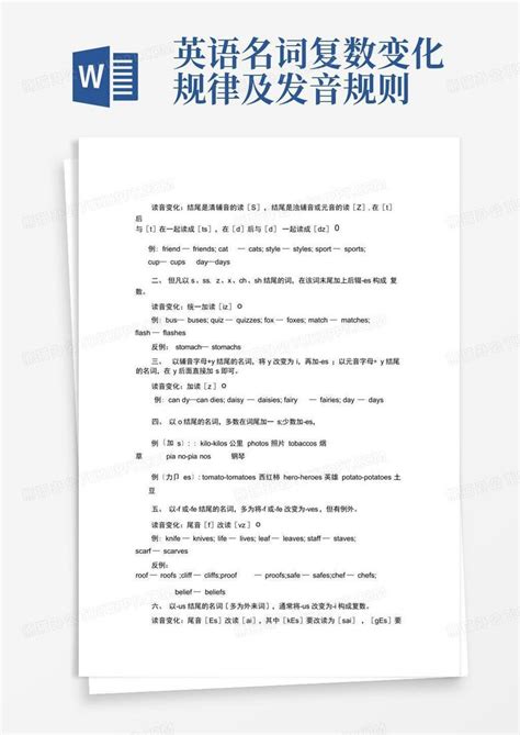 英语名词复数变化规律及发音规则word模板下载 编号qxyjnbzm 熊猫办公