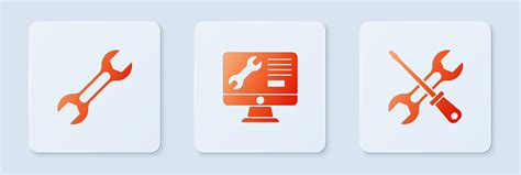 컴퓨터 모니터 서비스 렌치 스패너 및 드라이버 및 렌치를 설정합니다 흰색 정사각형 버튼 벡터 공구상자에 대한 스톡 벡터 아트 및 기타 이미지 Istock