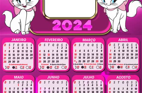 Calendário Gatinha Marie 2024 Moldura PNG Digital Grátis