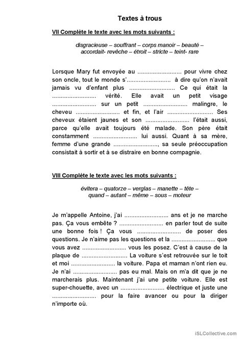 Textes à trous compréhension génér Français FLE fiches pedagogiques pdf doc