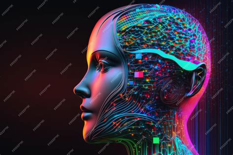 이미지 휴머노이드 헤드의 3d 인공 지능 또는 Ai 흐름 빅 데이터를 분석하는 로봇 얼굴 프리미엄 사진