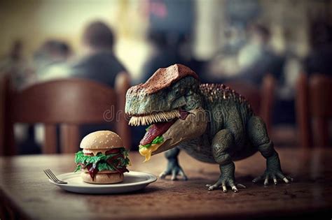 Dinosaur Eating A Hamburger On A Wooden Table In A Restaurant Stock