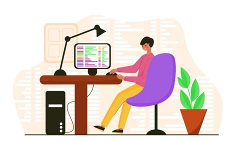 Premium Vector Coder Man Working In Front Of Computer At Home Web