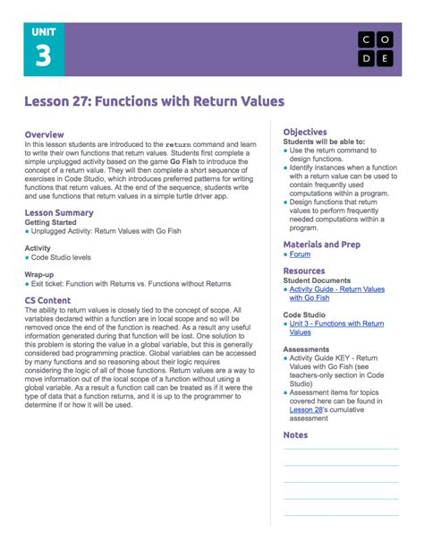 functions with return values lesson plan for 9th 12th grade lesson