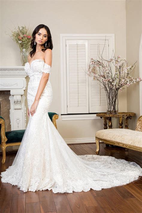 Off White Long Off Shoulder Embroidered Mesh Wedding Gown For 95699
