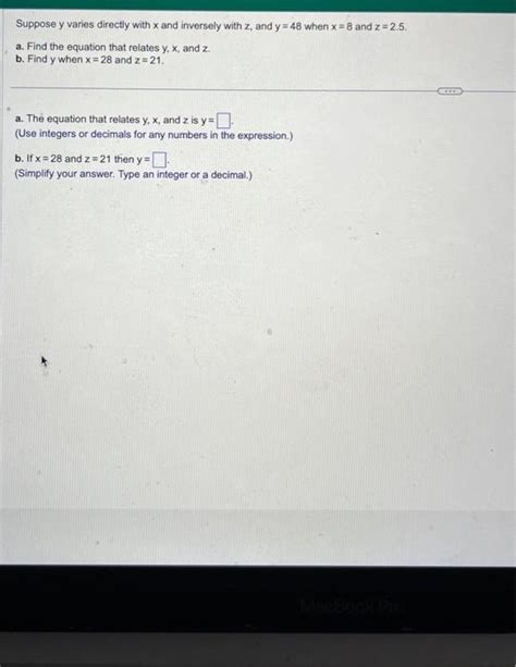 solved suppose y varies directly with x and inversely with