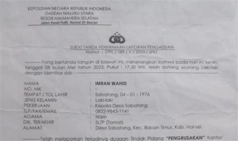 Laporan Dugaan Pengrusakan Kantor Desa Sabatang Tatono Di Polres