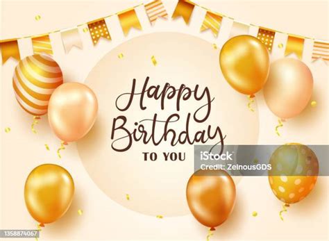 생일 우아한 인사말 벡터 디자인 황금 풍선과 출생 날 장식을 축하하기위한 페넌트 축하 요소와 금 배경생일 텍스트 금색에 대한 스톡 벡터 아트 및 기타 이미지 Istock