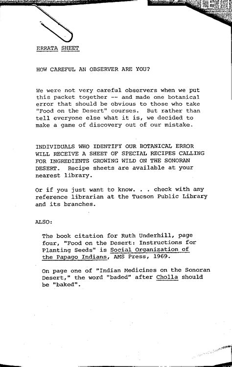 Errata Sheet Arizona Memory Project