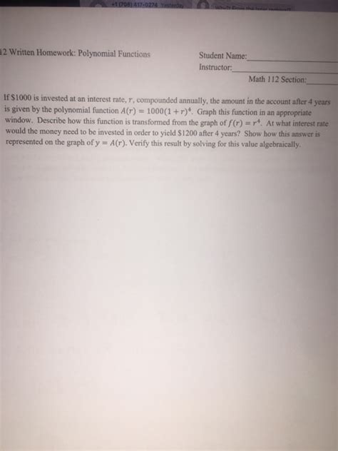 Solved Written Homework Polynomial Functions Student Chegg