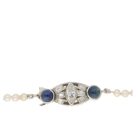 Art Deco Pearl Sapphire And Diamond Tassel Necklace In Platinum At