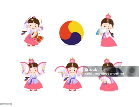 한국 전통 팬 댄스와 장구 댄스 공연 한복 캐릭터 디자인 세트의 소녀 한국 문화에 대한 스톡 벡터 아트 및 기타 이미지 한국 문화 춤 선풍기 개인 장식품 Istock