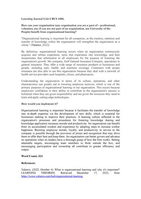 Learning Journal Unit BUS Learning Journal Unit BUS How Can Your Organization